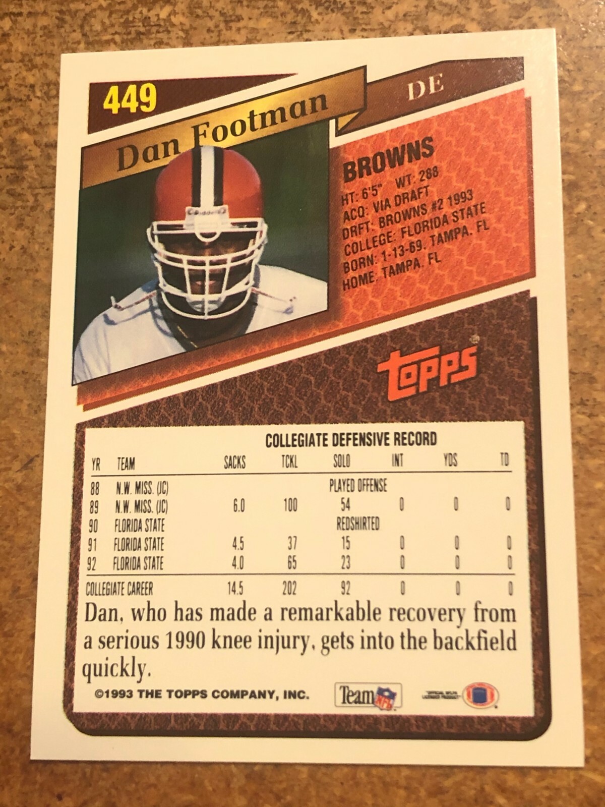 1993 Topps Football # 449 1993 Draft Pick Dan Footman RC | eBay