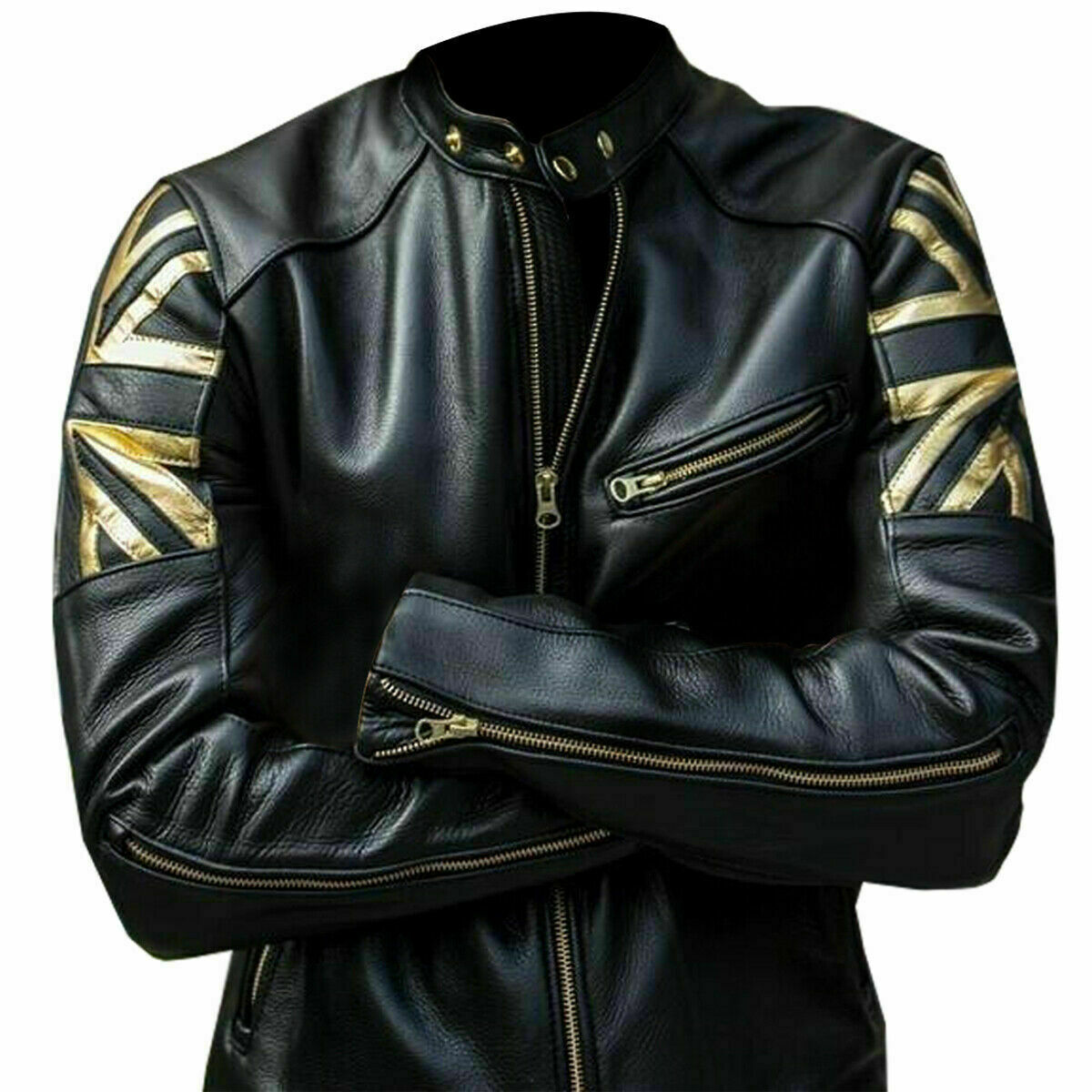 Men's Biker Vintage Motorcycle Black Cafe Racer UK Flag Leather Jacket ...