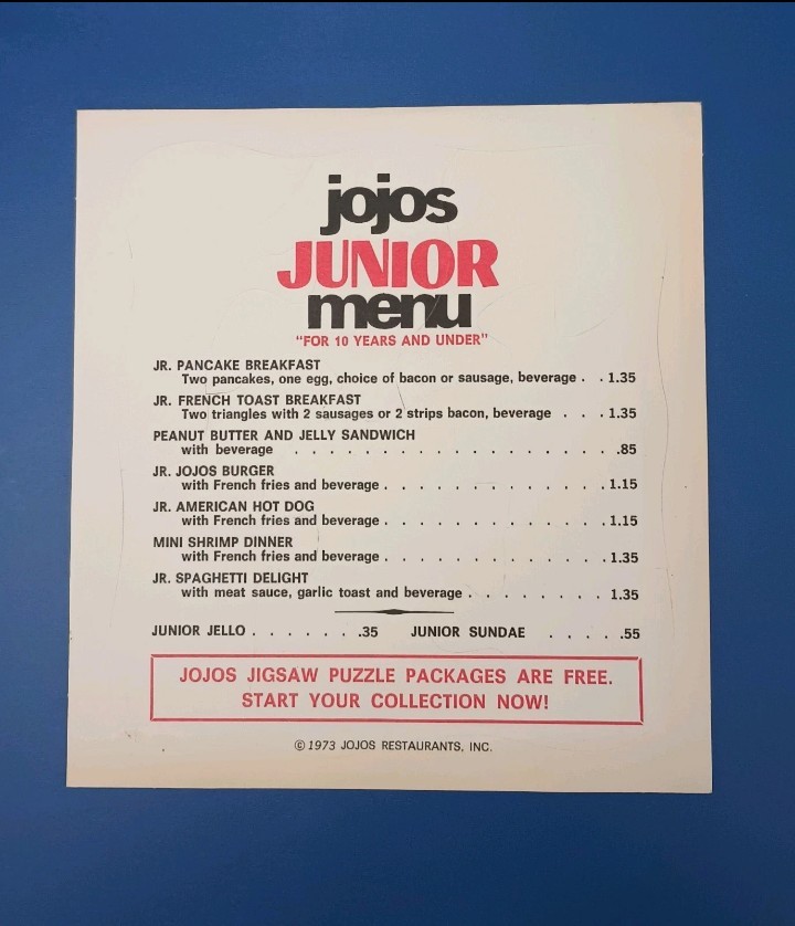 JoJos Restaurant Junior Menu Jigsaw Puzzles No.s 9 & 10 © 1973 - (New ...
