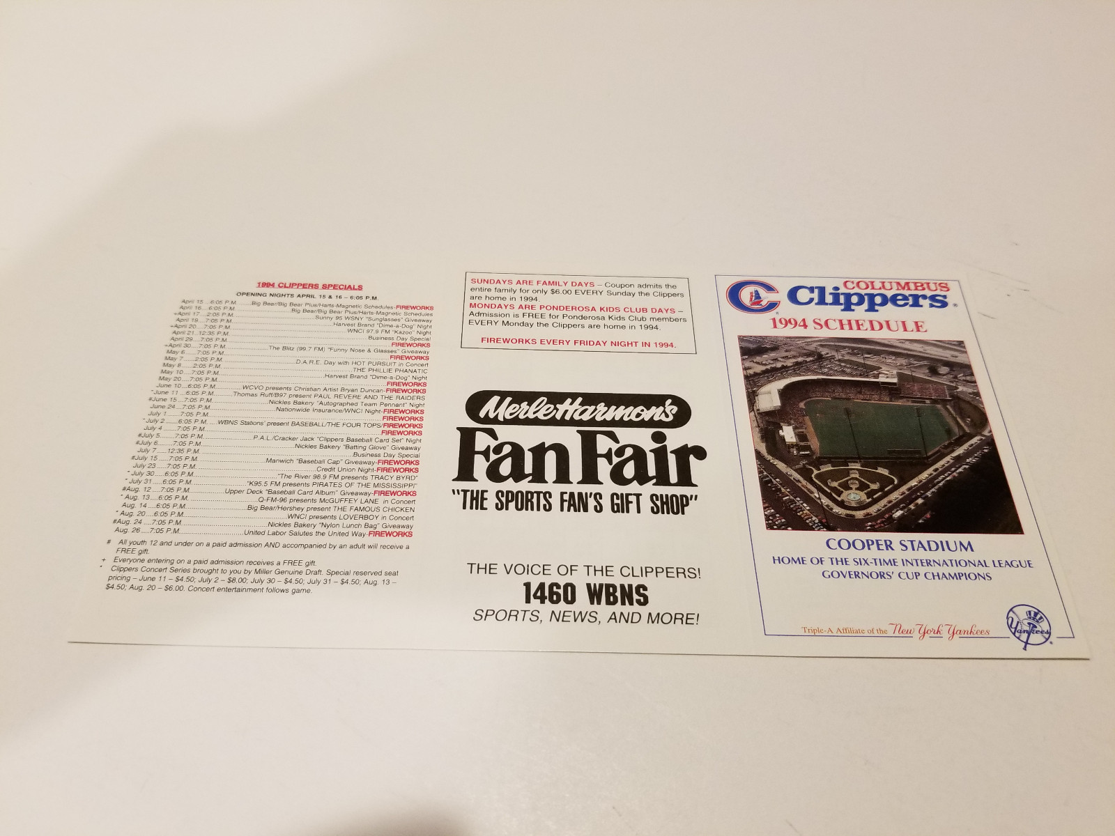 Columbus Clippers 1994 Minor Baseball Pocket Schedule - Merle Harmon's ...