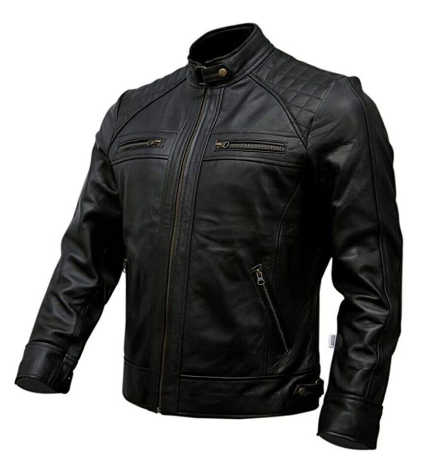 Men's Black Leather Jacket Real Lambskin Cafe Racer Biker Leather ...