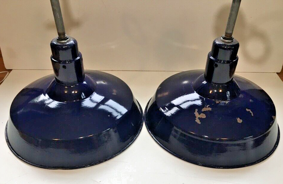 Pair 18" Maxolite Cobalt Blue Porcelain Light Fixture Shade Industrial ...