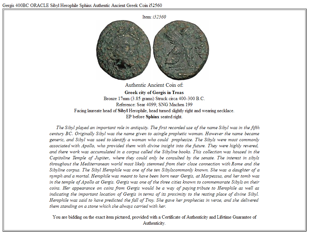Gergis 400BC ORACLE Sibyl Herophile Sphinx Authentic Ancient Greek Coin ...