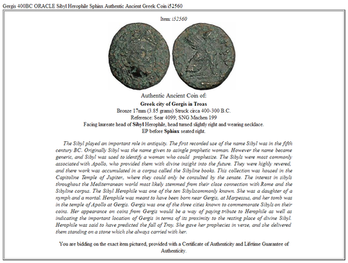 Gergis 400BC ORACLE Sibyl Herophile Sphinx Authentic Ancient Greek Coin ...