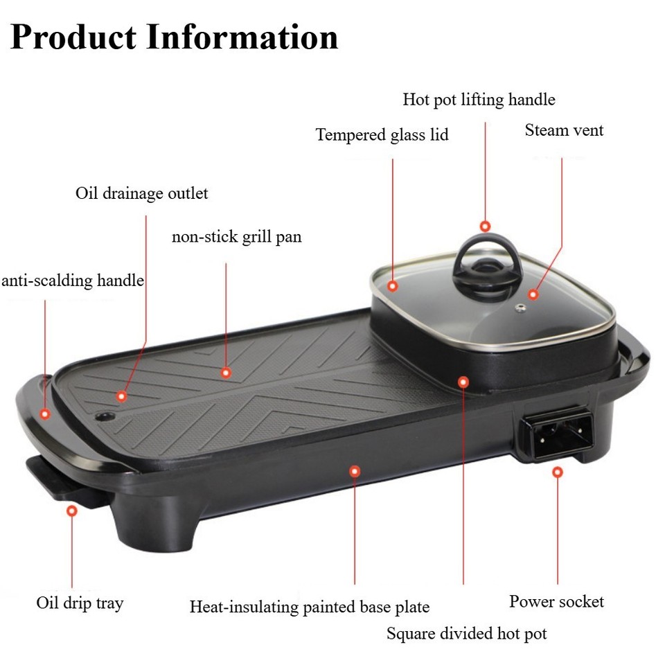 2in1 Electric Hot Pot Barbecue Grill Non-Stick Teppanyaki Pan ...