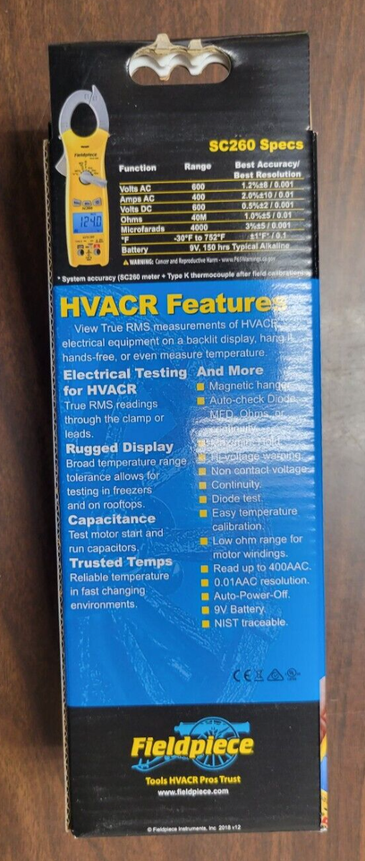 Fieldpiece SC260 Compact Clamp Meter True RMS HVAC Multimeter w/ Magnet ...