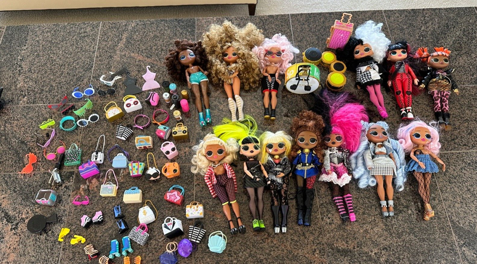 Lot of 13 LOL Rainbow High dolls drums, suitcase, purses, sunglasses,