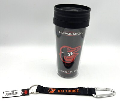 BALTIMORE ORIOLES 14 OZ TRAVEL TUMBLER & CARABINER LANYARD KEY CHAIN ...