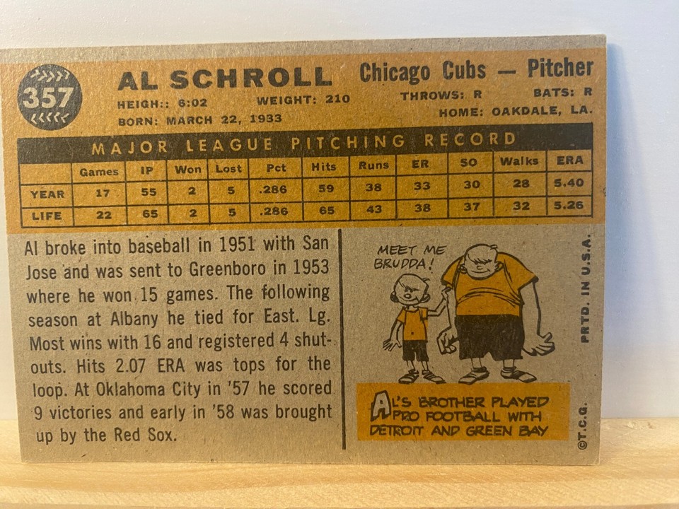1960 TOPPS BASEBALL #357 - AL SCHROLL - CHICAGO CUBS - EXC/NMT | eBay