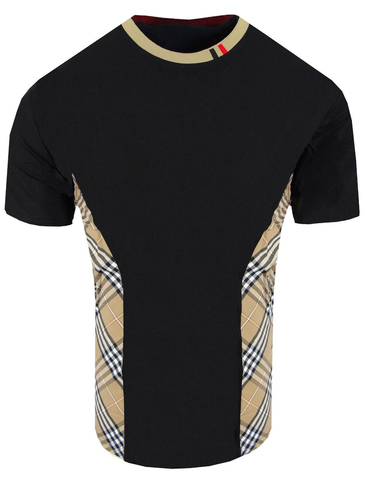 T Shirt Men Designer Italian Plaid Stripe Side Panels Crew Neck Slim ...