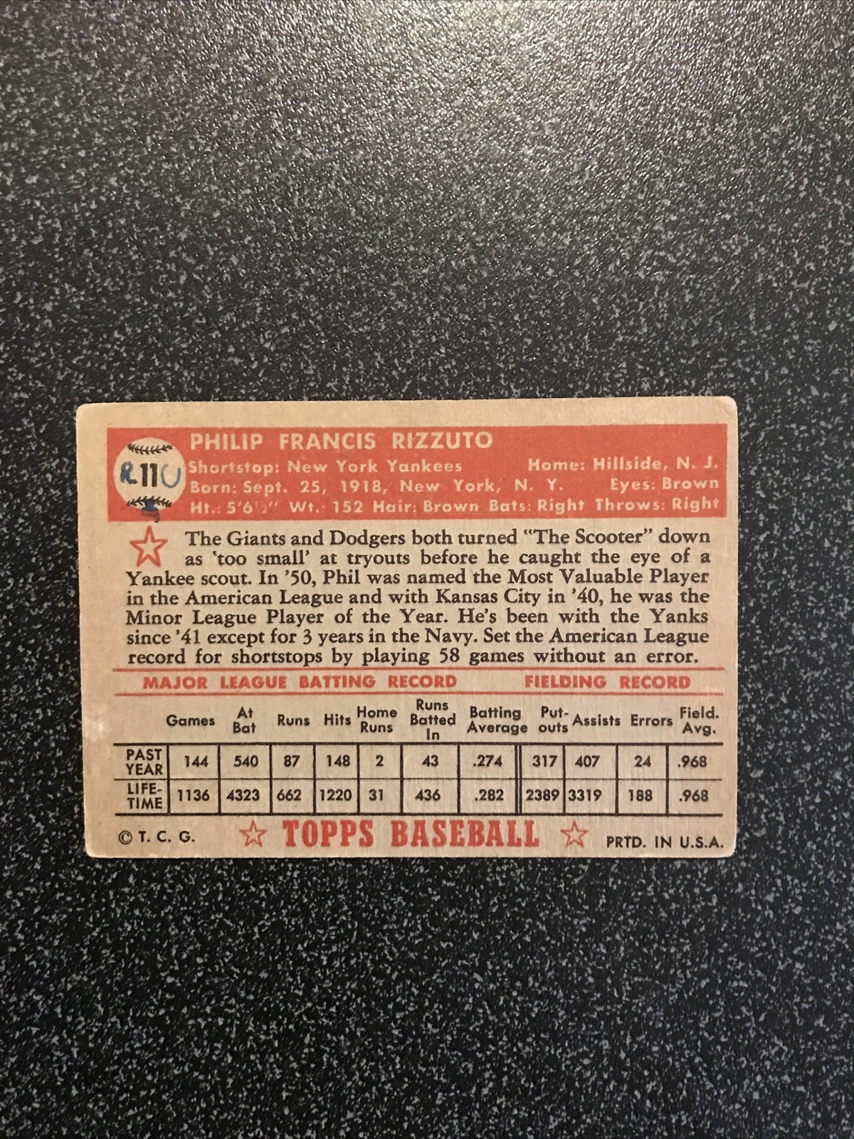 PHIL RIZZUTO 1952 Topps Baseball BLACK BACK CARD#11 NEW YORK YANKEES | eBay