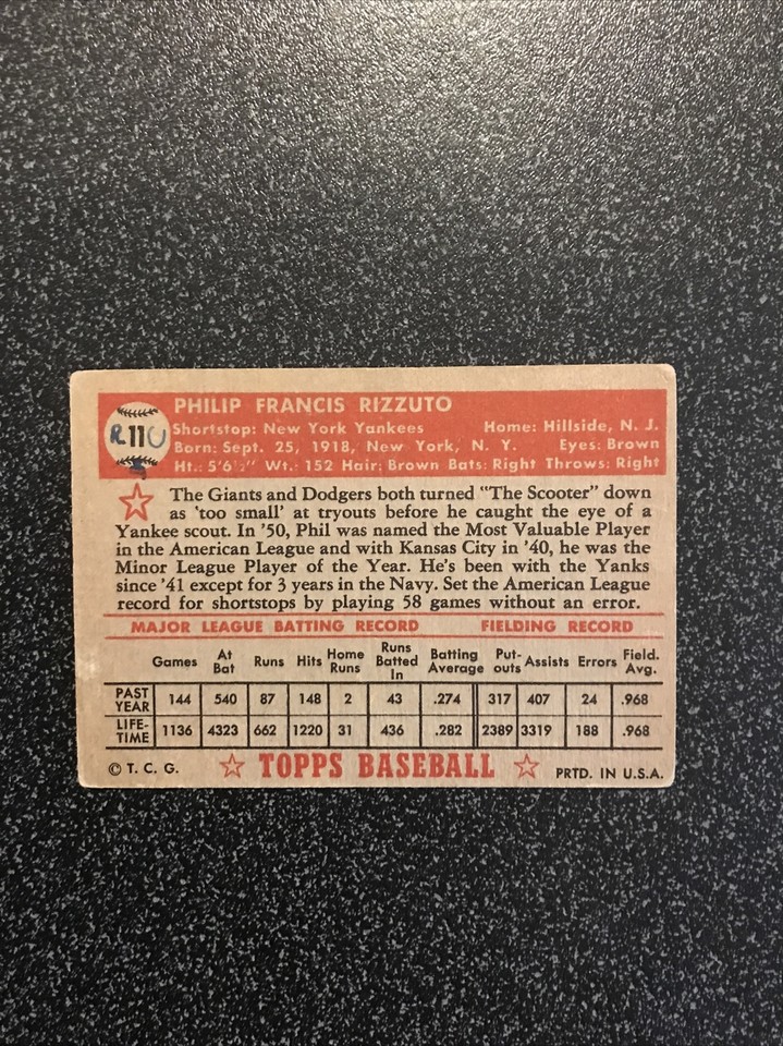 PHIL RIZZUTO 1952 Topps Baseball BLACK BACK CARD#11 NEW YORK YANKEES | eBay