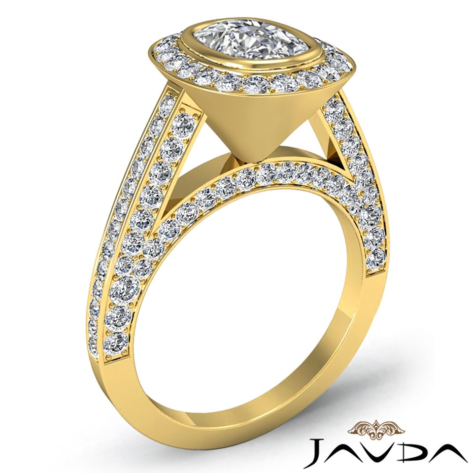 Bridge Accent Bezel Set Halo Cushion Cut Diamond Engagement Ring GIA F ...