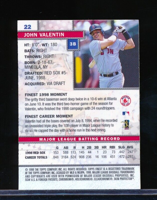 1999 Topps Finest John Valentin #22 signed auto autograph crisp blue ...