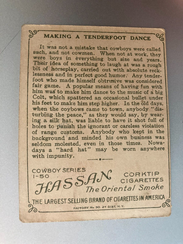 T53 Hassan Cigarettes, Cowboy Series, 1910, Making A Tenderfoot Dance ...