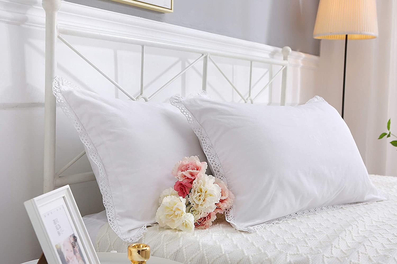 White Crocheted Lace Pillow Shams Queen Size Covers Pure Cotton Pillowcases f... | eBay