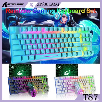 Wireless Gaming Keyboard and Mouse Rainbow LED 87 Key for PC MAC Laptop ...