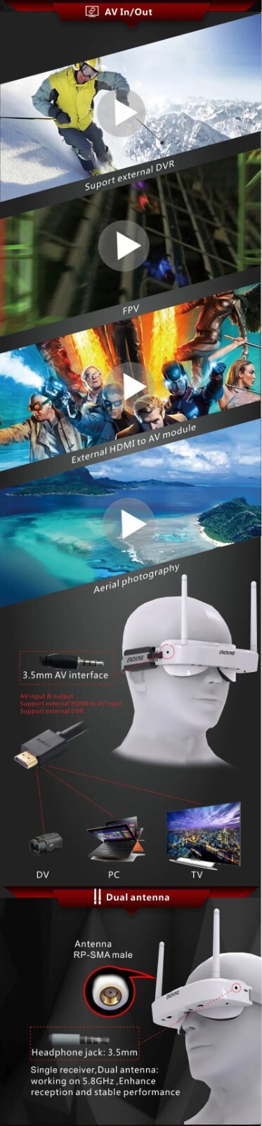 FPV Goggles Eachine EV100 720x540 5.8G 72CH Dual Antennas & Fan for RC ...