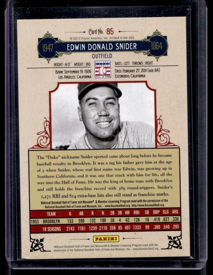 2012 Panini Cooperstown Crystal Collection Red Duke Snider 130/399 #85 ...