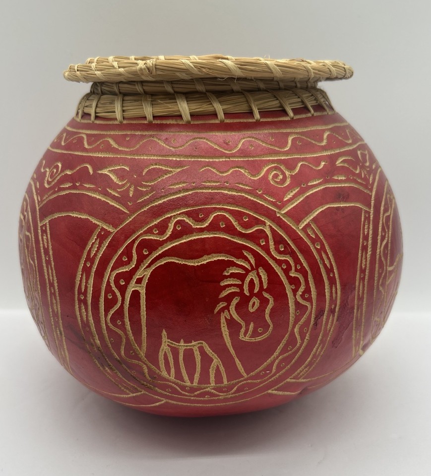 Red Hand Carved African Handmade Gourd Calabash Bowl 8x8 L4 | eBay