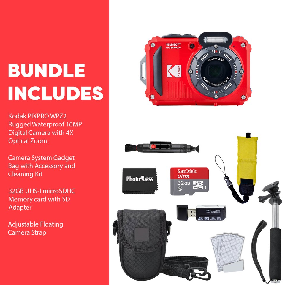 KODAK PIXPRO WPZ2 Rugged Waterproof Digital Camera, Red + Accessories ...