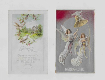 2 Vintage EASTER Postcards ** BIRDS BY MANSION ** ANGELS RINGING BELLS ...