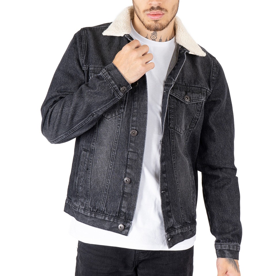 Mens Denim Jacket with Detachable Sherpa Collar Trucker Fur Classic ...