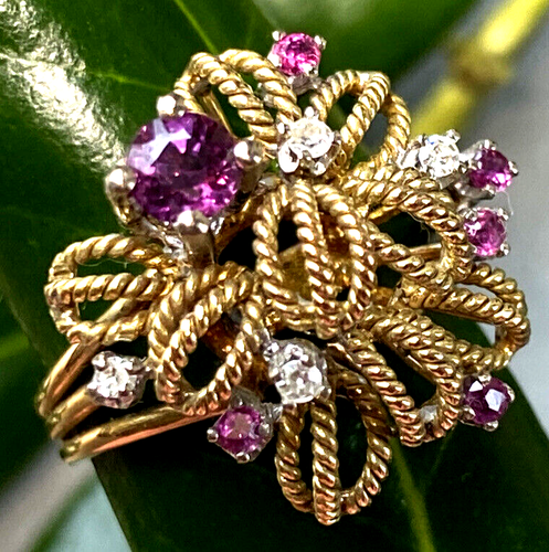 14K Yellow Gold Ruby Diamond Vintage Flower Floral Ring Twisted Wire ...