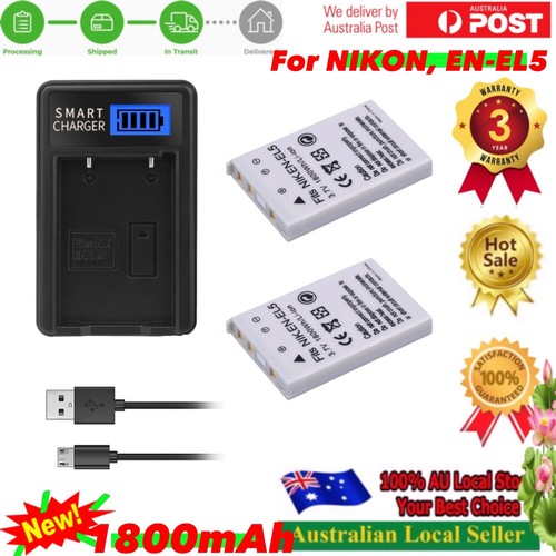 2x1.8Ah Battery +LCD Charger for Nikon Coolpix EN-EL5 P500 P510 P520 ...