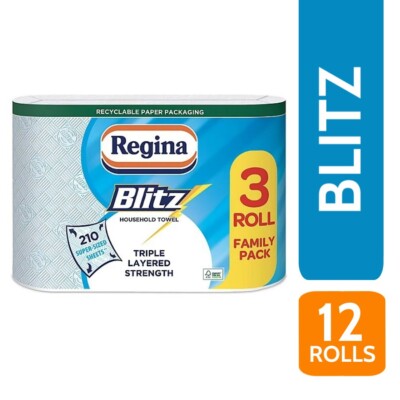 12 Rolls of Regina Blitz 3ply Kitchen Roll Paper Towels - 70 Sheets per ...