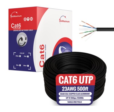 CAT6 1000FT Black UTP Ethernet Cable 23AWG Network LAN Solid Bulk Wire ...