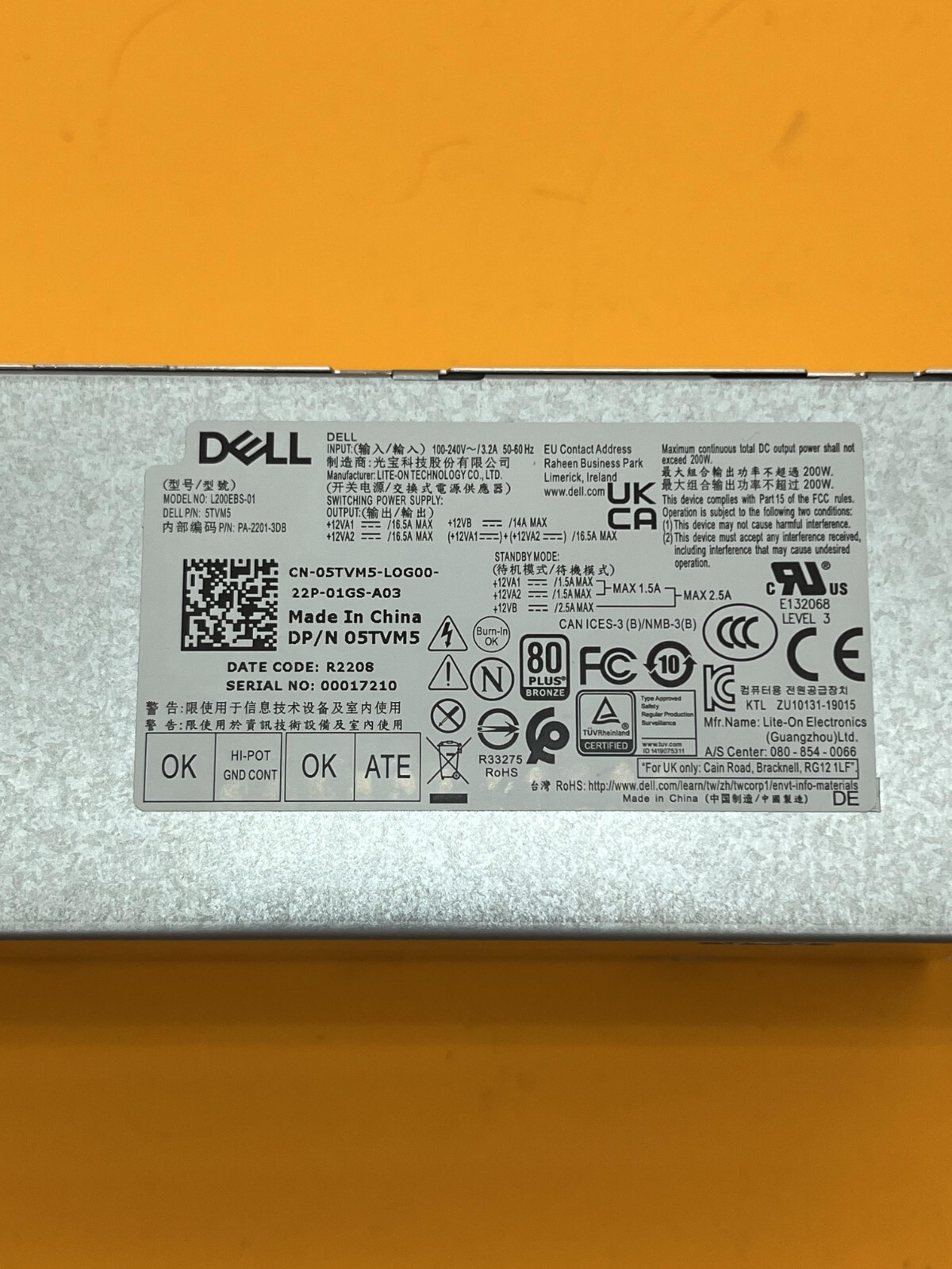 Genuine 200W Power Supply L200EBS-01 5TVM5 FOR Dell Optiplex 3080, 5080 ...