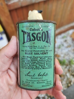 Vtg. Cabot’s Tasgon Rust Solvent Oil Tin Can Thumb Oiler Empty | eBay