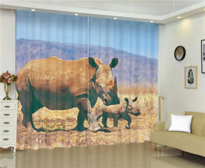 Brown Rhinoceros Father Son Digital Printing 3D Blockout Curtains ...