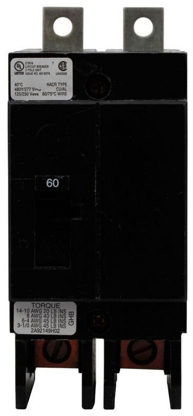 Eaton GHB2060, 277/480 VAC, 125/250 VDC, 60 A, 2-Pole, Circuit Breaker ...