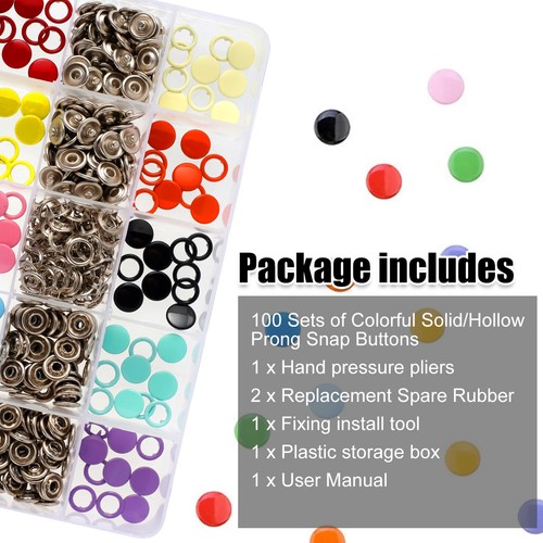 100 Sets 10 Colors Snap Fasteners Kit Metal Hollow and Solid Five Claw ...