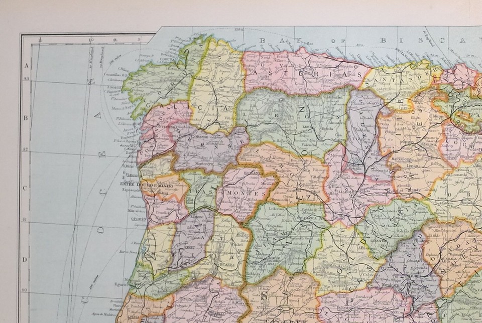 1923 MAP SPAIN & PORTUGAL LISBON MADRID GIBRALTAR MURCIA MAJORCA IVIZA ...