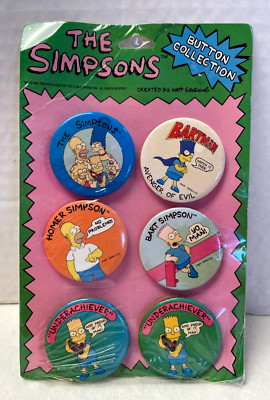 The Simpsons 6-Pack Metal Pin-On Button Collection NISP Button-Up 1990 ...