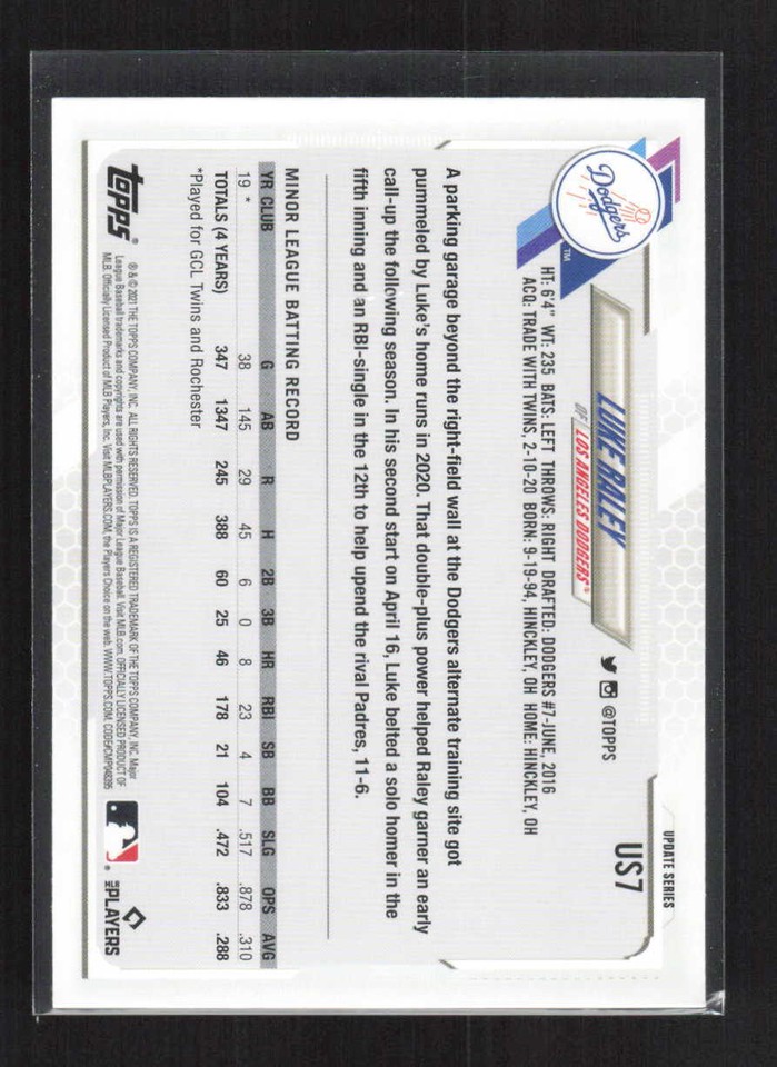 Luke Raley RC 2021 Topps Update Los Angeles Dodgers #US7 | eBay