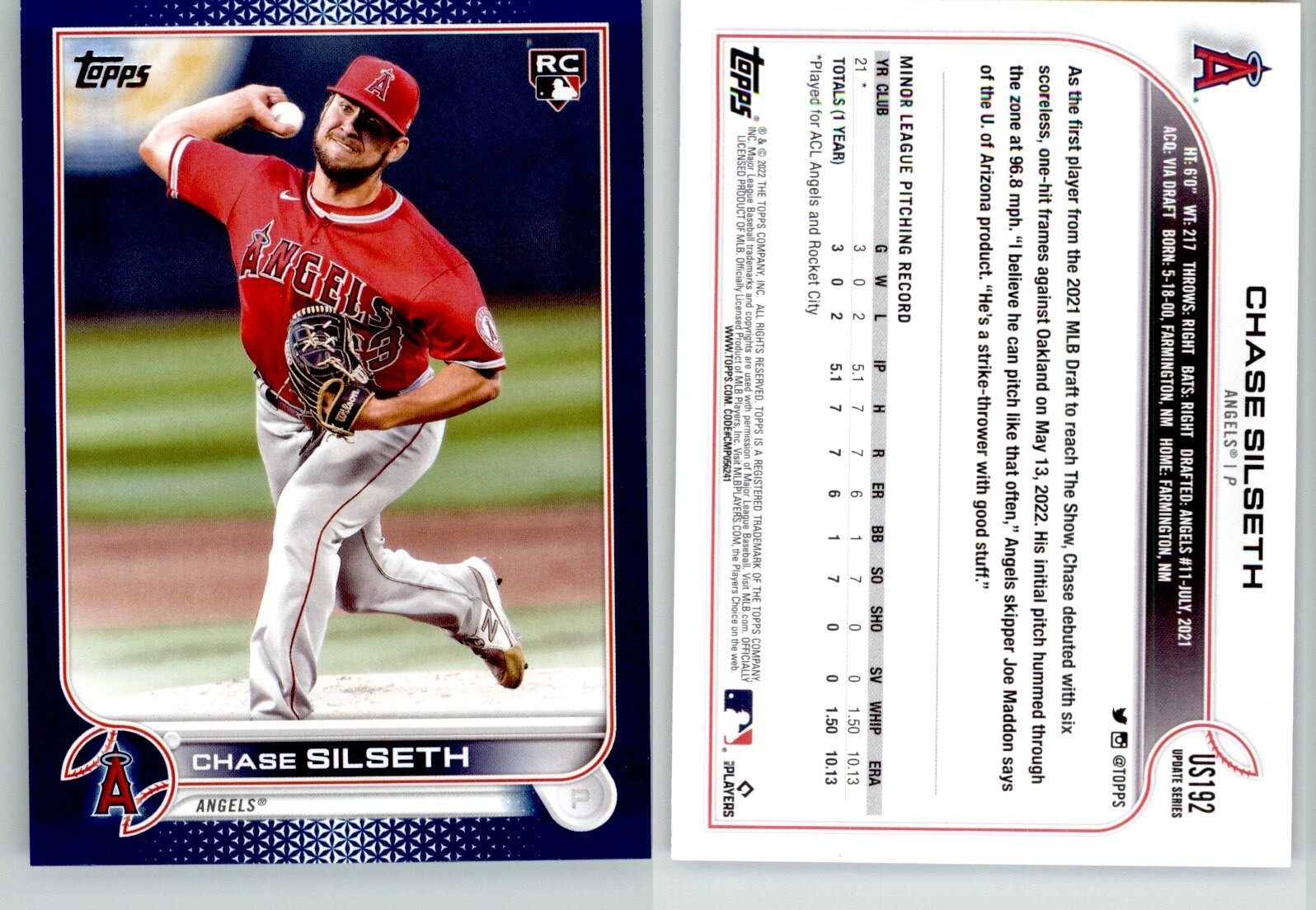 Chase Silseth 2022 Topps Update Royal Blue #US192 Rookie RC Los Angeles ...