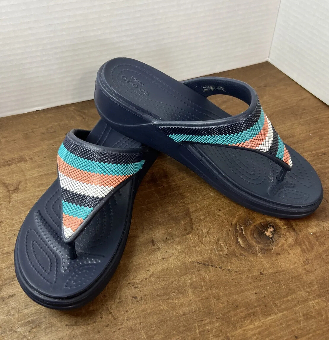 Crocs Women’s Monterey Striped Beaded Wedge Flip Flops dual comfort ...