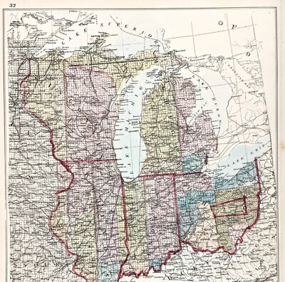 IL, IN, MI, OH, WI - Counties Wisconsin Handcolored Map