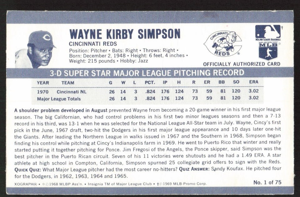 1971 Kellogg's 3-D Super Stars #1a Wayne Simpson Cincinnati Reds NO ...