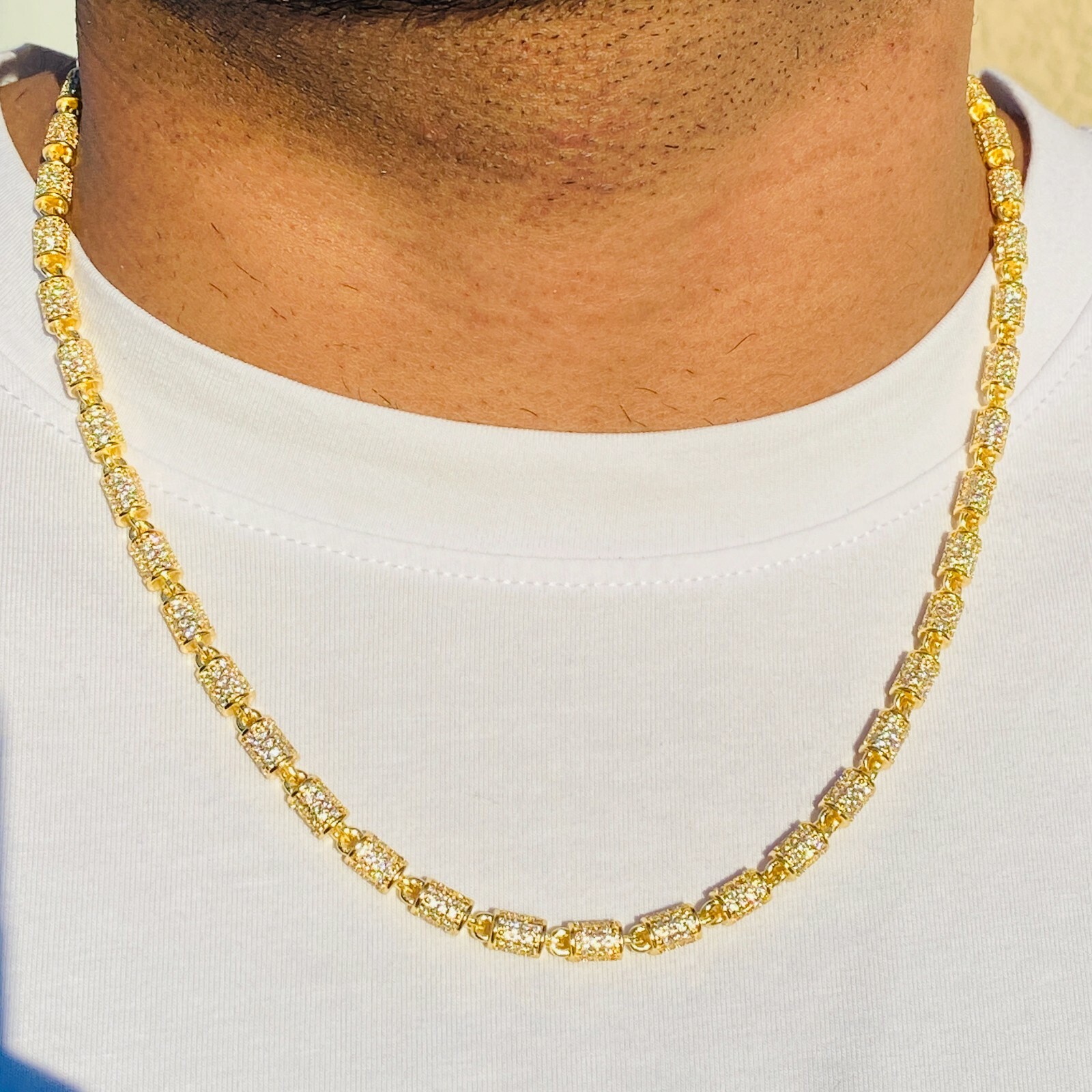 Men's Barrell Tennis Chain 4.8mm Ice Out 14k Gold CZ VVS FILL Iced Real ...