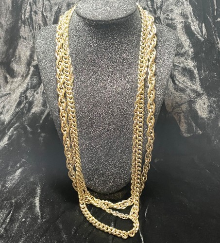 NECKLACE vintage goldtone metal three long chains fancy fold over clasp ...