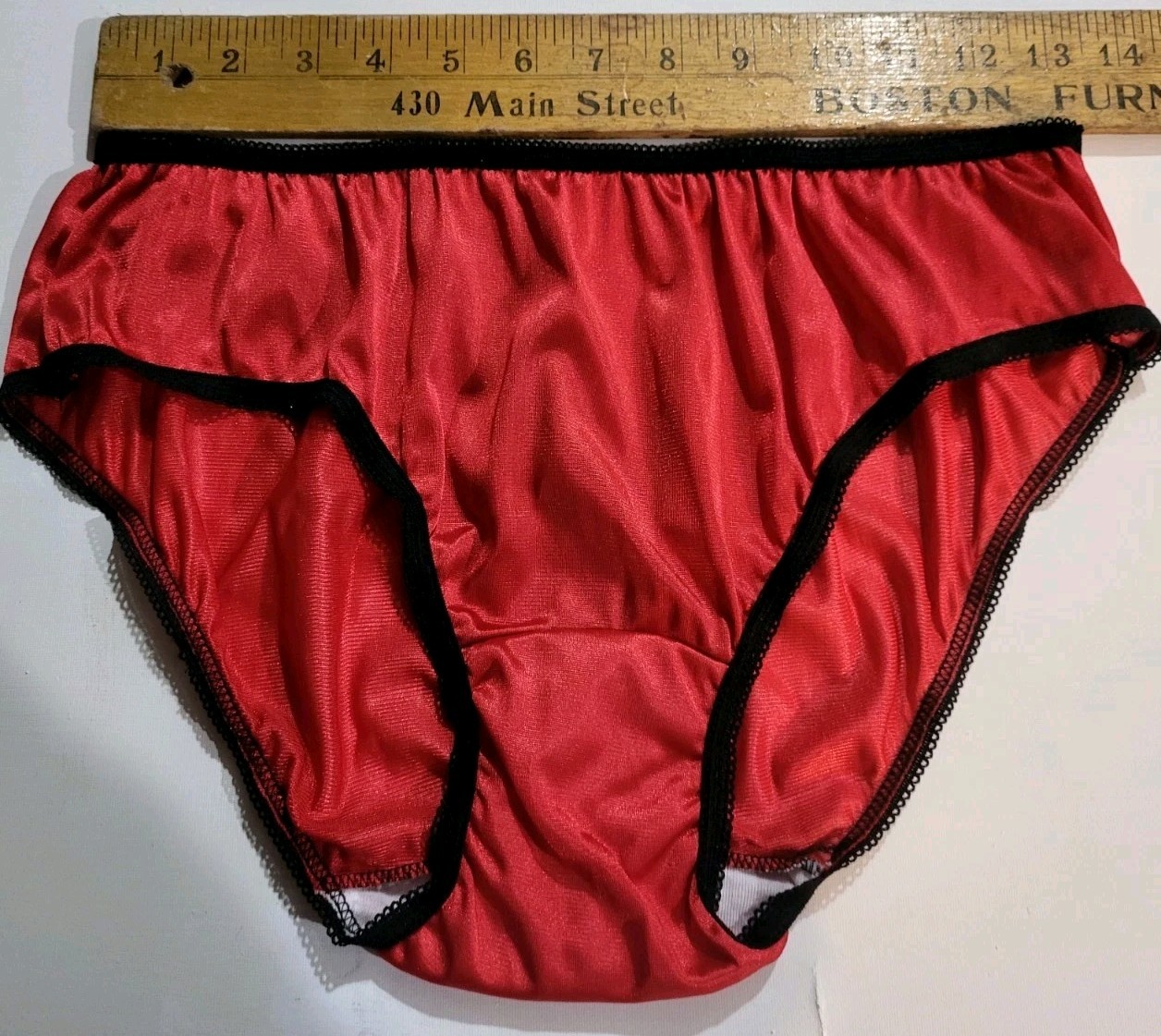 Vtg Red Nykon Tricot Bikini Cut with Black Elastic t… - Gem