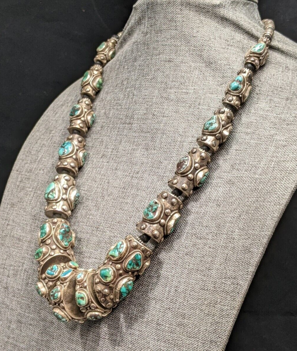 Vintage HUGE Tibetan Sterling Silver Teal Turquoise N… - Gem