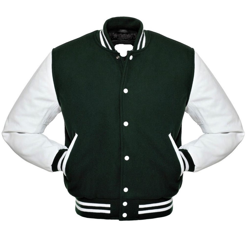 Varsity Bomber Letterman Baseball Wool Genuine Cowhide Leather Sleeves ...