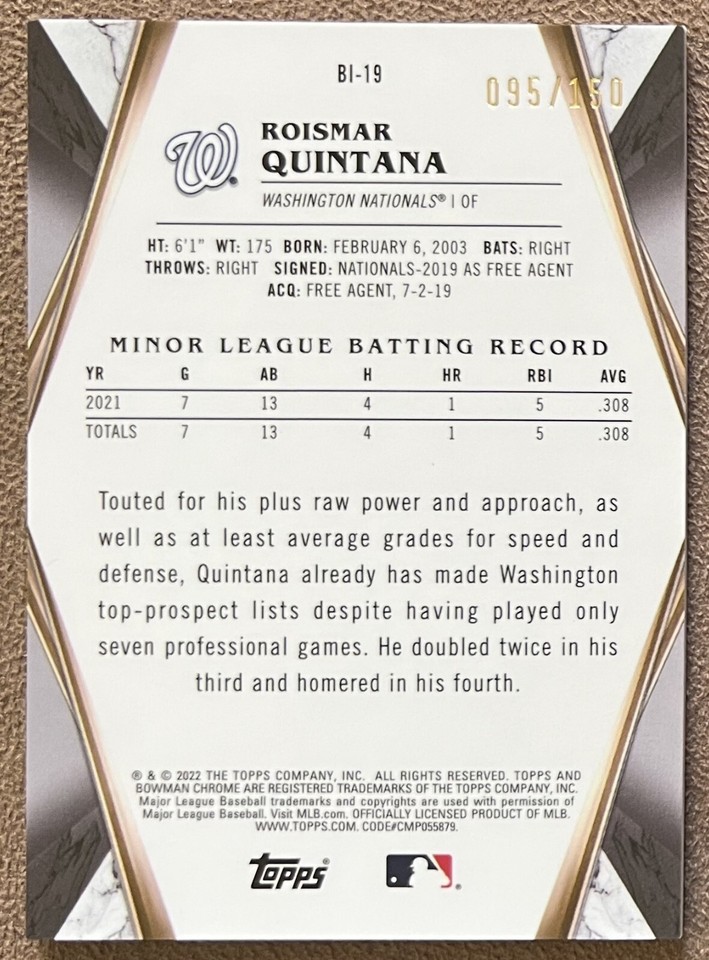 Roismar Quintana 2022 Bowman Chrome Invicta Atomic Refractor #BI19 /150 ...