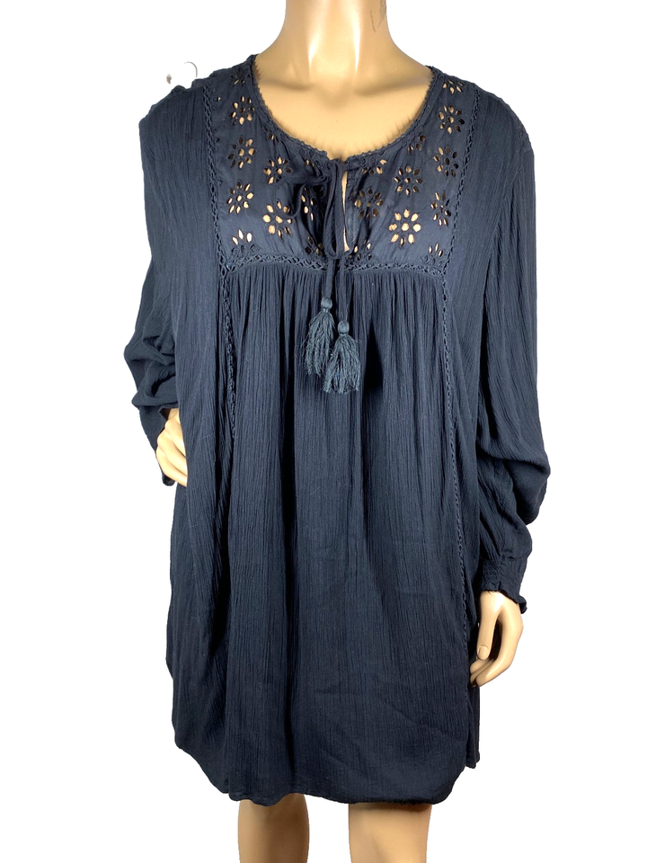 Lane Bryant Black Top Size 26/28 Eyelet Long Sleeve Tassel Close Lined ...